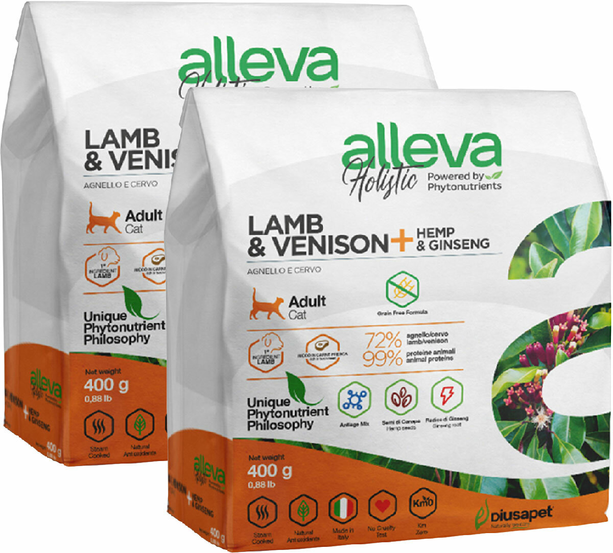 Корм сухой Alleva Holistic Adult & Sterilized Cat Lamb & Venison беззерновой для взрослых кошек, ягненок оленина конопля женьшень, 400 г х 2 шт