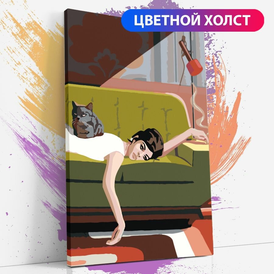 Картина по номерам на холсте с подрамником, "Девушка и черный кот", 40х60 см