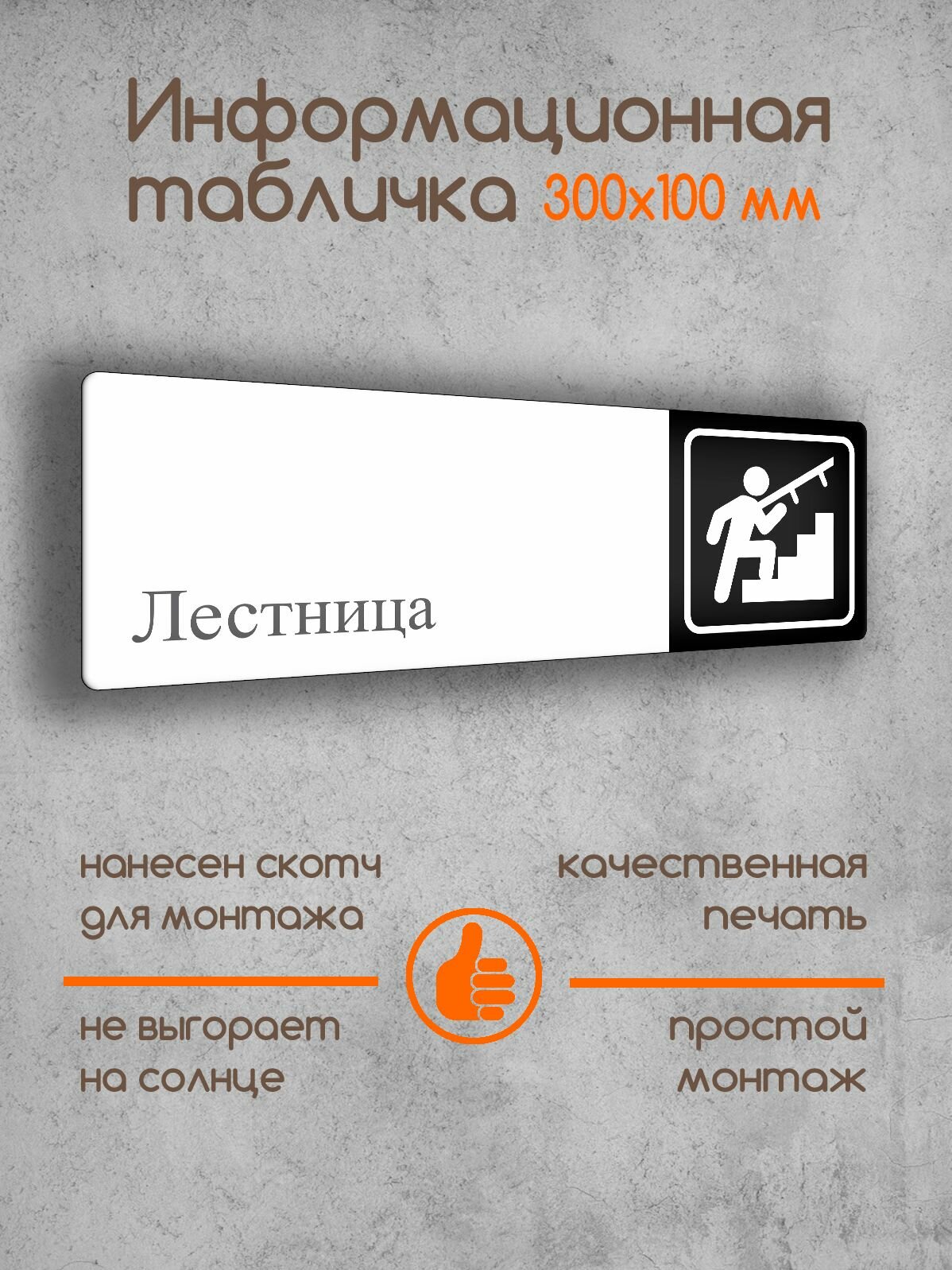 Табличка на дверь информационная "Лестница" черно-белая 300х100х2 мм