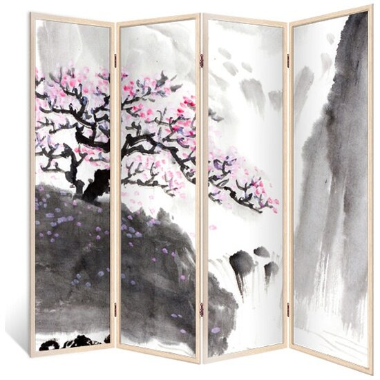 Ширма перегородка Декор Депо для комнаты деревянная "Сакура над водопадом" двухсторонняя с картинкой (живопись) 4 створки кремовый дуб 176х185 см 14 кг