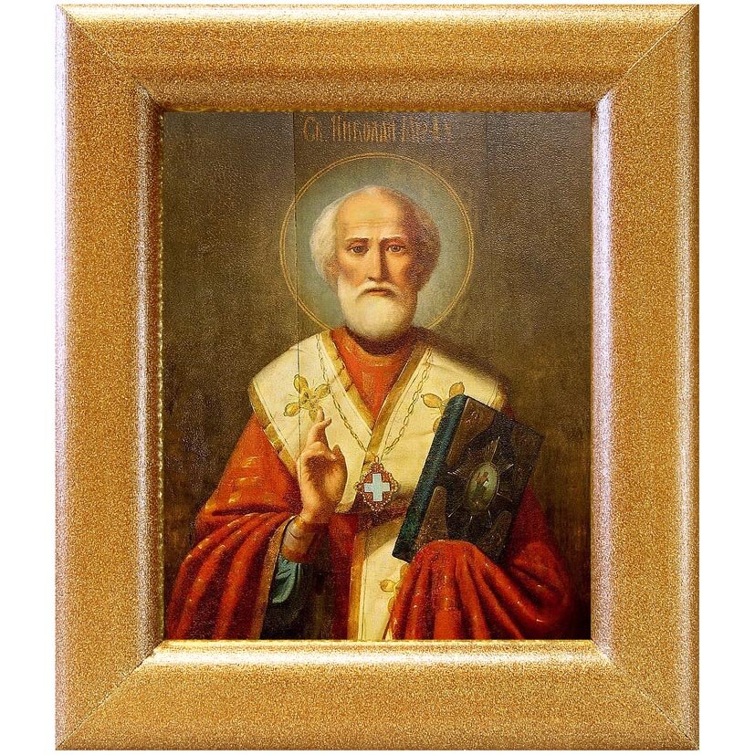 Святитель Николай Чудотворец, архиепископ Мирликийский (лик № 154), икона в широкой деревянной рамке 14,5*16,5 см