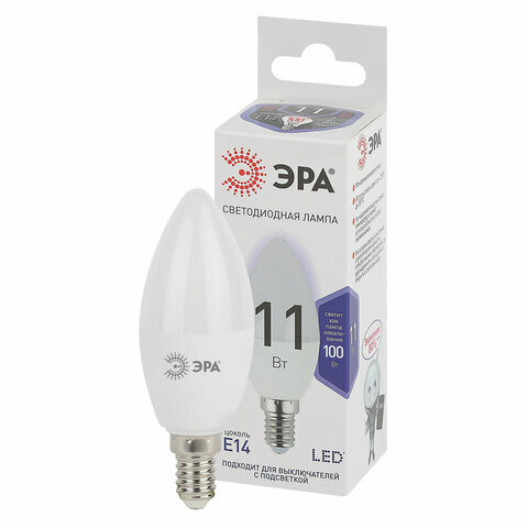 10 шт. Лампа светодиодная ЭРА STD, 11 (100) Вт, цоколь E14, свеча, холодный белый свет, 35000 ч, LED B35-11W-860-E14, Б0032984