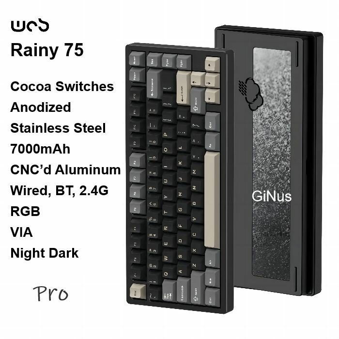 WOB Игровая клавиатура беспроводная Rainy75 Pro, NightDark, RGB, CocoaSwitches, Anodized Z86Y, Английская раскладка, черный матовый, черный