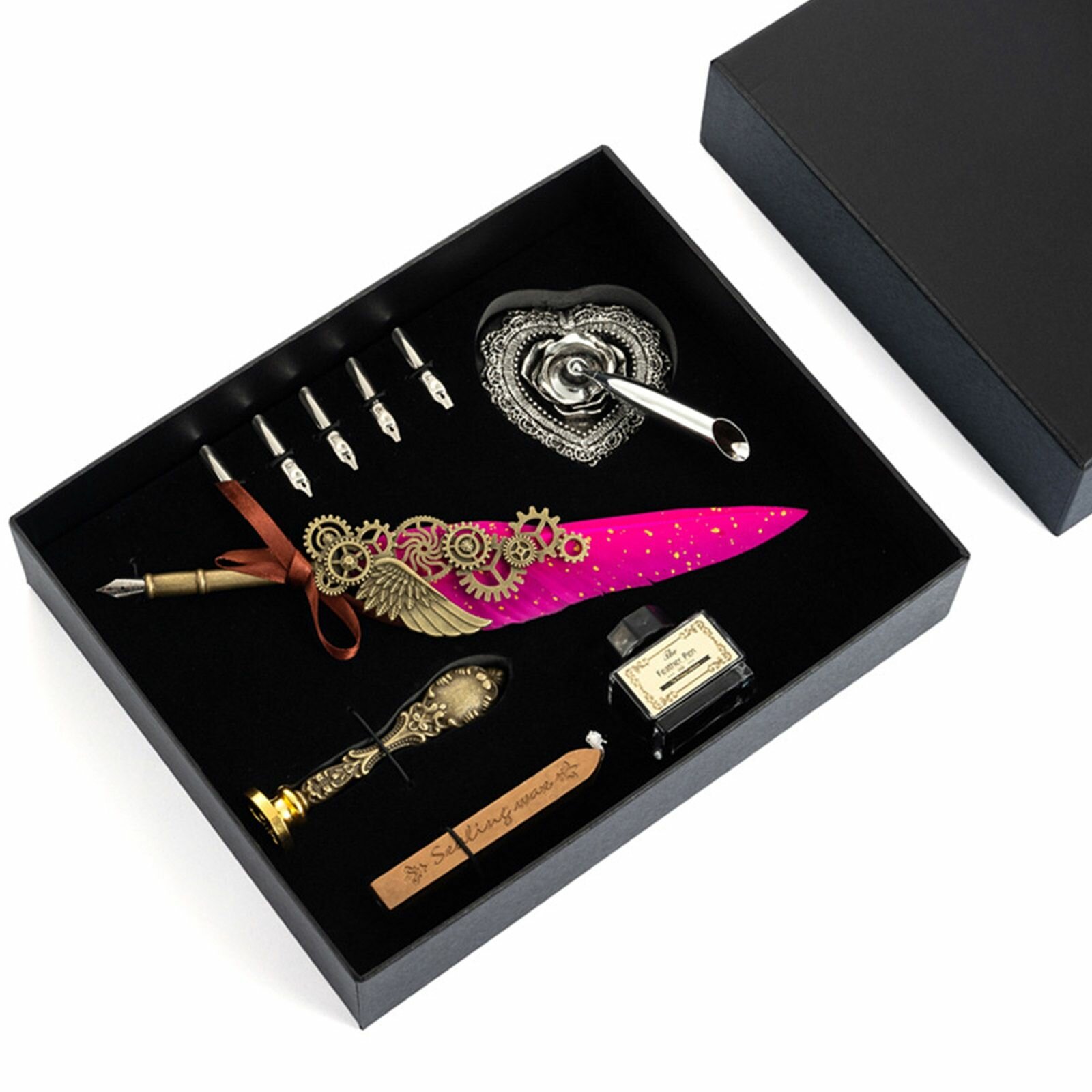 Антикварный набор перьев для каллиграфии с чернилами и восковым печатью