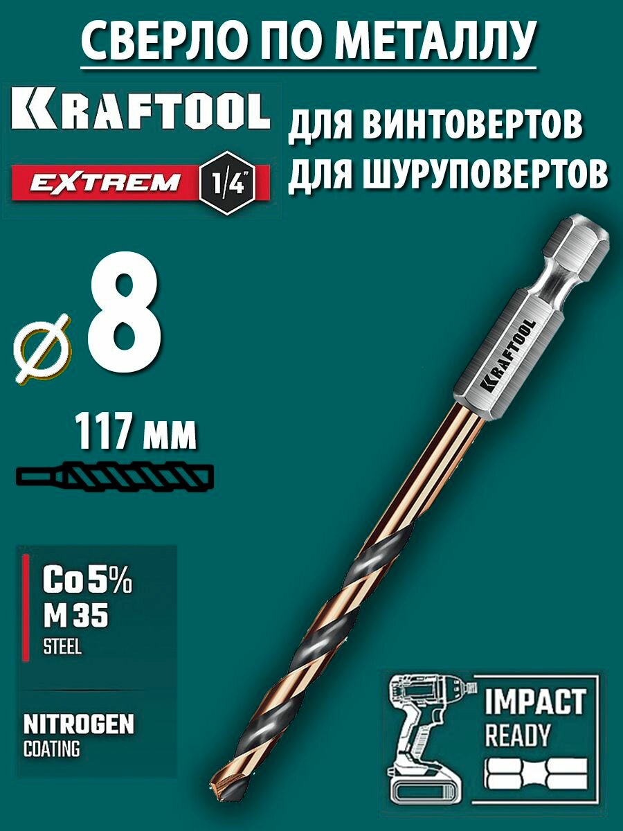 Сверло по металлу KRAFTOOL для винтовёртов и шуруповертов, НЕХ-1/4" 8.0х117mm