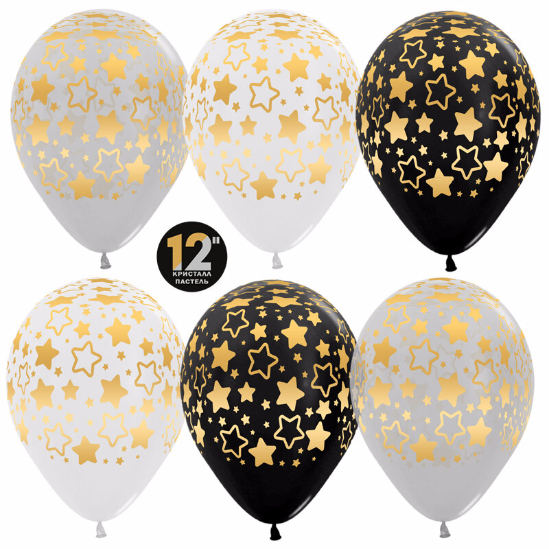 Шары воздушные Sempertex 12'/30 см, Звезды контур, Ассорти кристалл, 25 шт