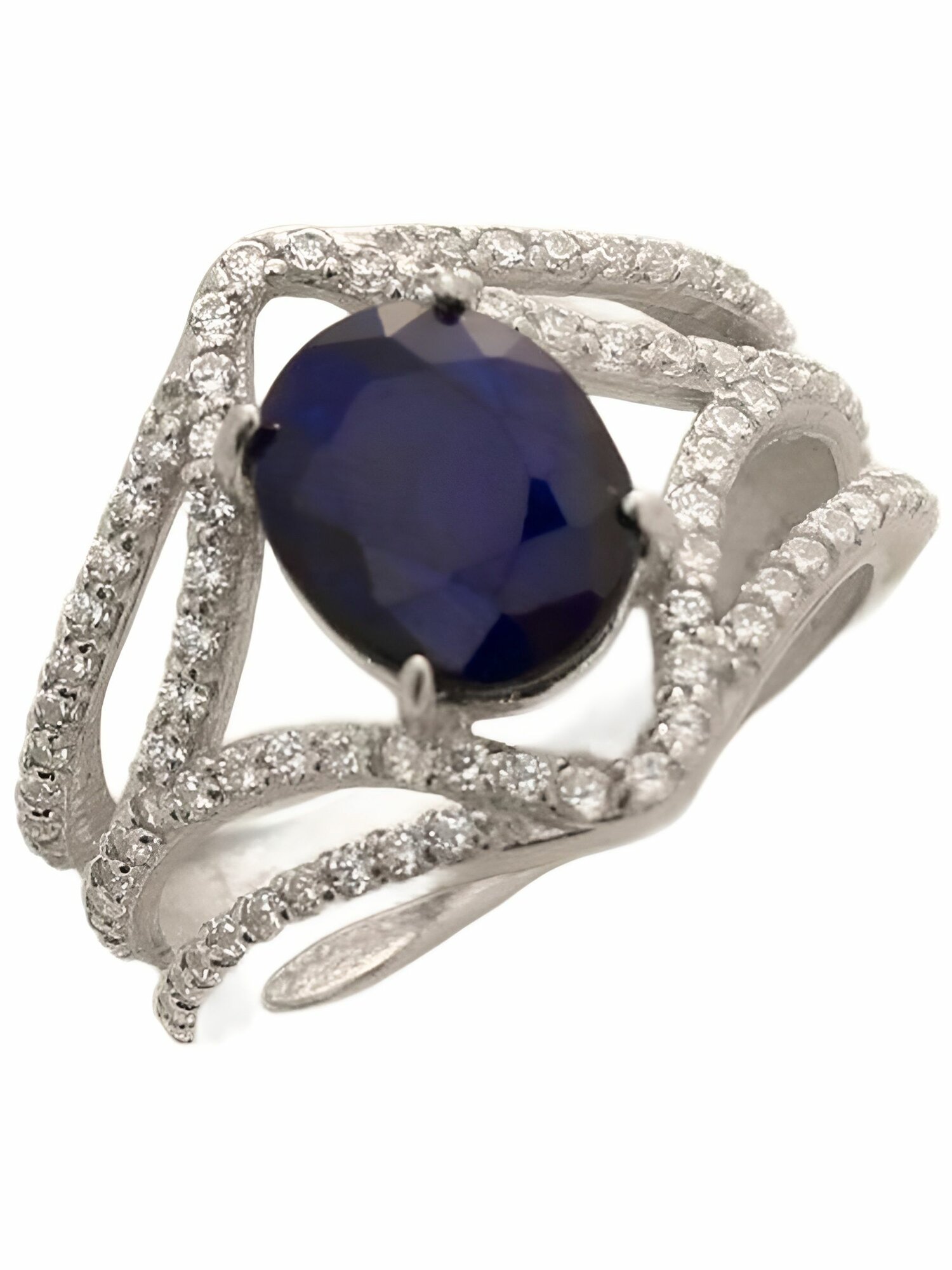 Кольцо тонкое, серебро, 925 проба, родирование, сапфир, фианит