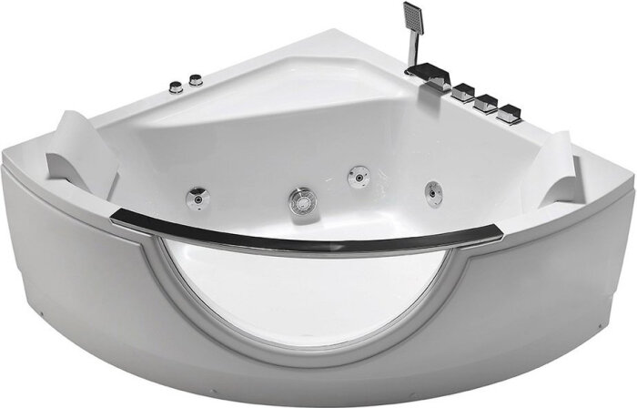 Акриловая ванна Orans BT-62118M 135x135 см, угловая, пристенная, с гидромассажем, белая, четверть круга, с каркасом, со смесителем, со сливом-переливом, с подголовником