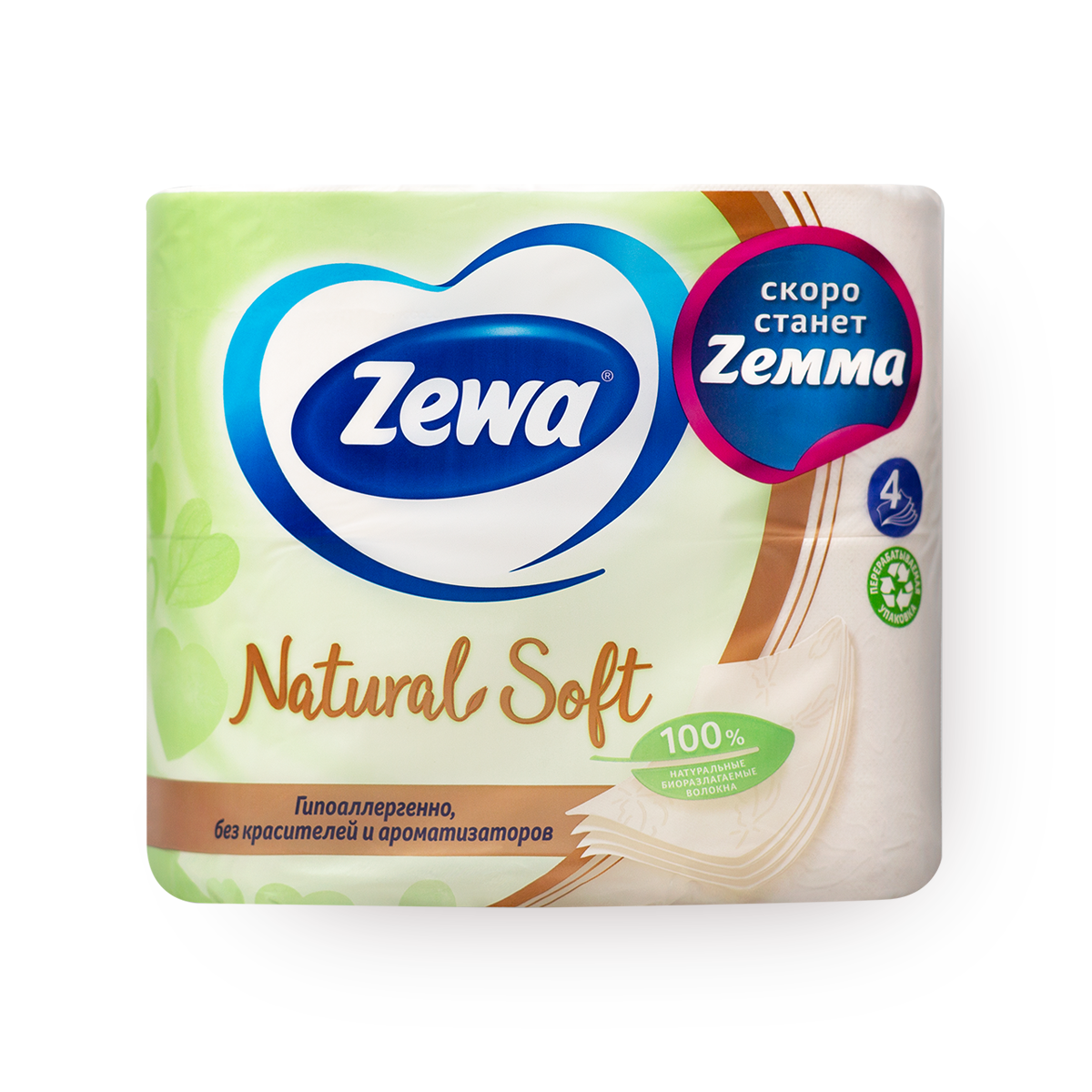 Туалетная бумага Zewa "Natural Soft", 4 слоя, 4 рулона, без запаха, бежевая