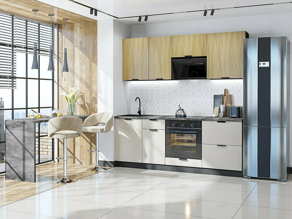 Кухня модульная прямая 2 м со столешницей Евро Лайн-02 Готовый кухонный гарнитур 2140*2000*600 Дуб песочный-Агат