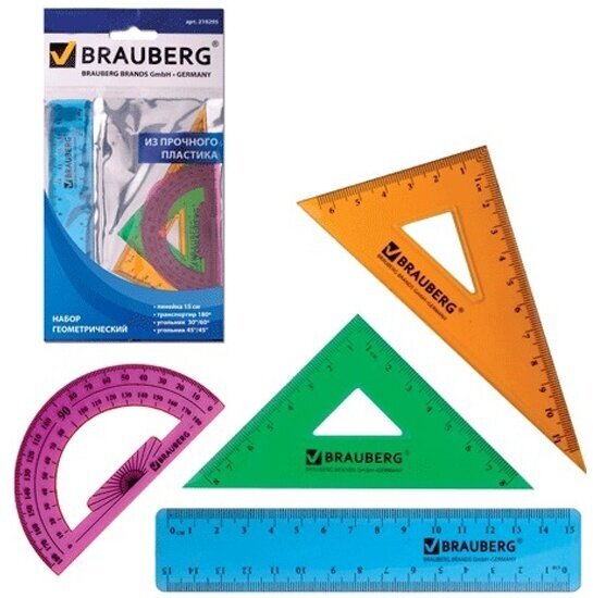 Набор чертежный Brauberg Crystal цветной: линейка 15 см, 2 треугольника, транспортир