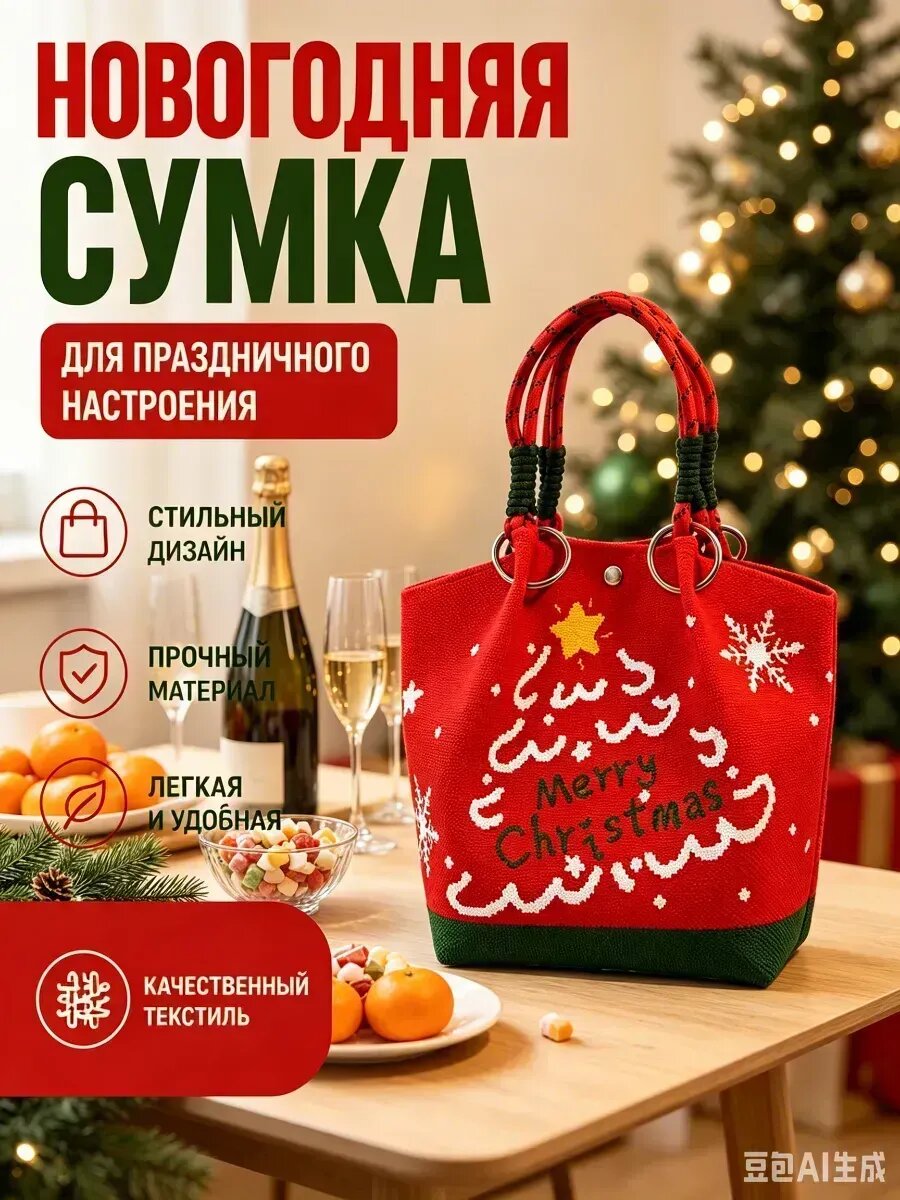 Новогодняя сумка с Дедом Морозом, праздничная женская сумка