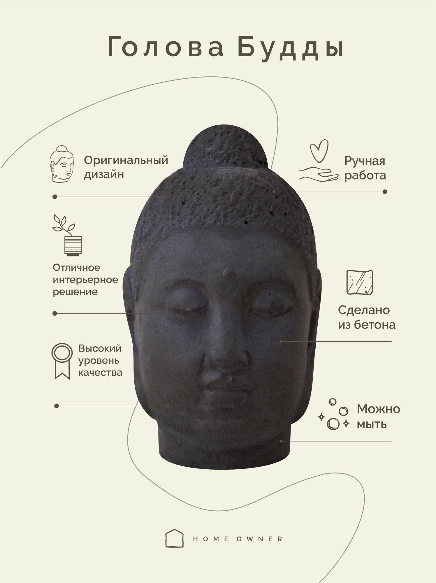Голова Будды из бетона статуэтка для дома фигурка в интерьер, черная 17см