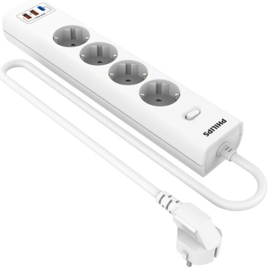 Сетевой фильтр Philips 4 Розетки с USB PD/QC3.0 (5/9/12В) 20Вт кабель - 5M белый