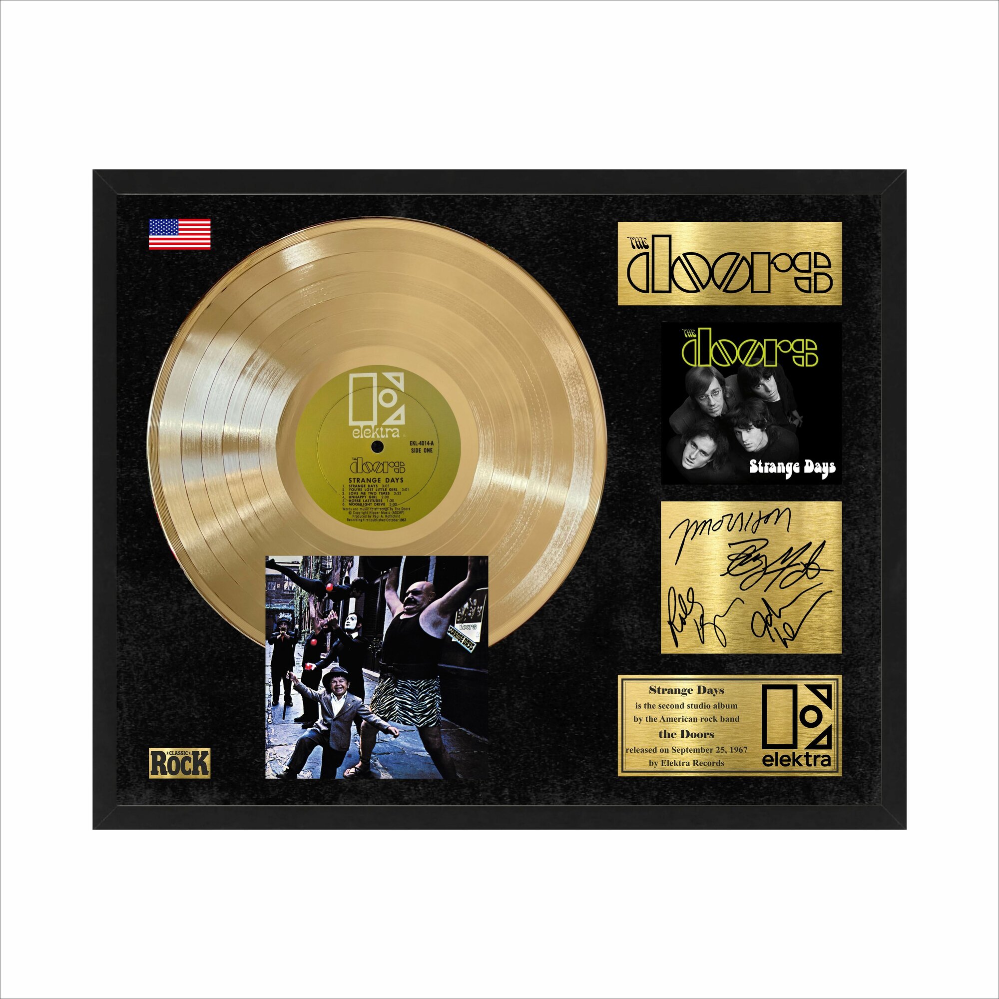 Золотой винил The Doors Strange days с автографом в рамке