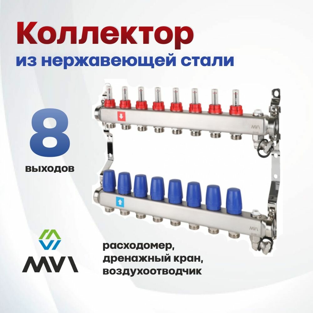 Коллектор в сборе из нержавеющей стали 1' х8 с расходомерами, дренажным краном и воздухоотводчиком MVI MS.708.06, для водоснабжения, 1шт/уп
