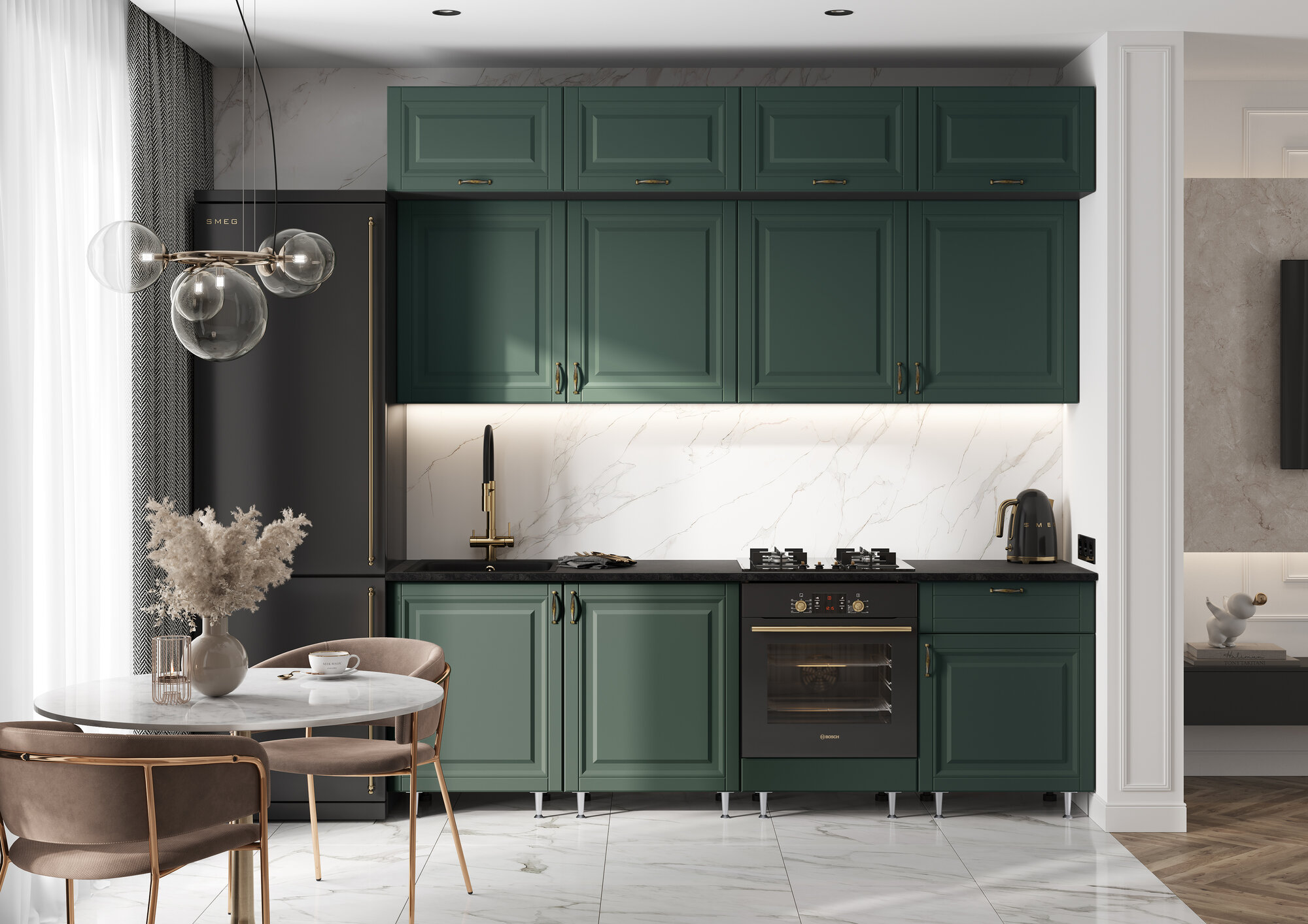 Кухонный гарнитур 2,4м Престиж браш мени грин/белый со столешницей миф