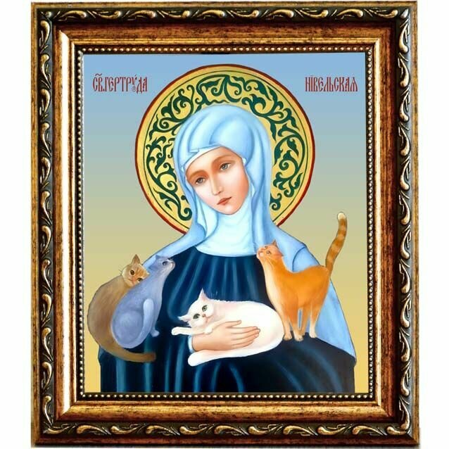 Святая Гертруда Нивельская. Икона на холсте. (15 х 18 см / В раме / 22)