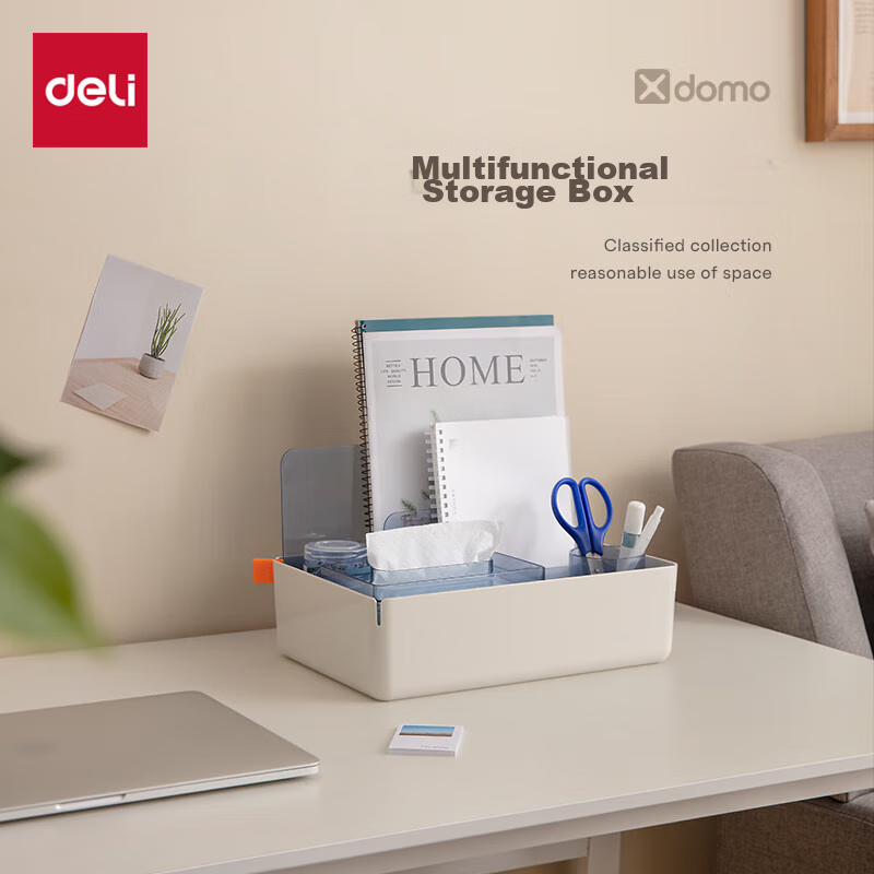 Deli Xdomo Series Multifunctional Storage Box, Office Desk Organizer, Tissue Box, Bookshelf, Pen Holder, Light Gray, XDM33