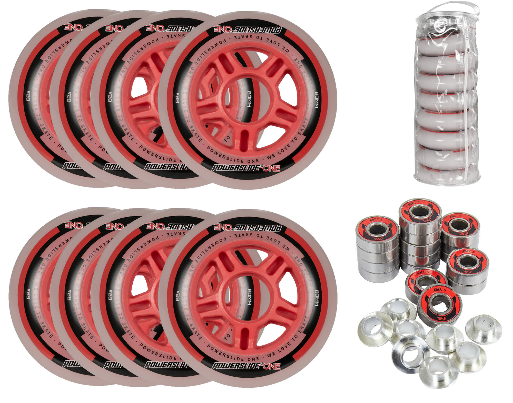 Набор колес для роликов Powerslide ONE, 80мм/82А + ABEC5 + Alu Spacer 8mm (8шт.)