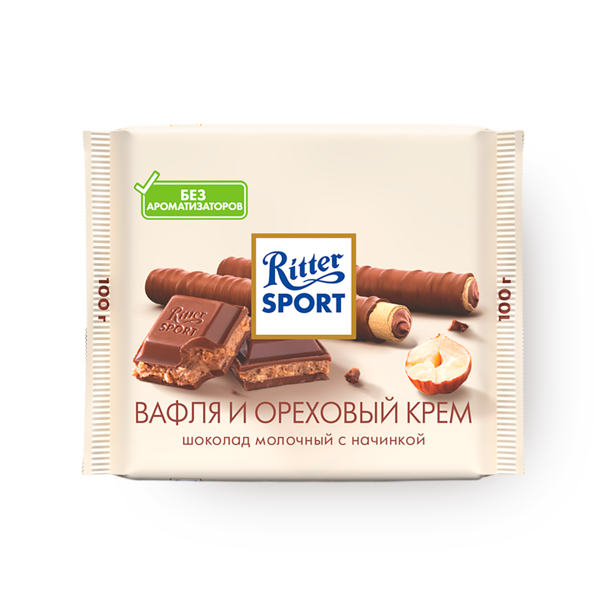 Шоколад молочный Ritter Sport с начинкой из орехового крема и вафли