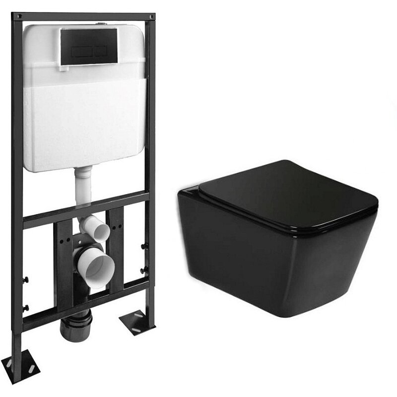 Унитаз SantiLine SL-5004MB SL-04 безободковый, с инсталляцией, с крышкой микролифт, черный матовый/кнопка черная матовая