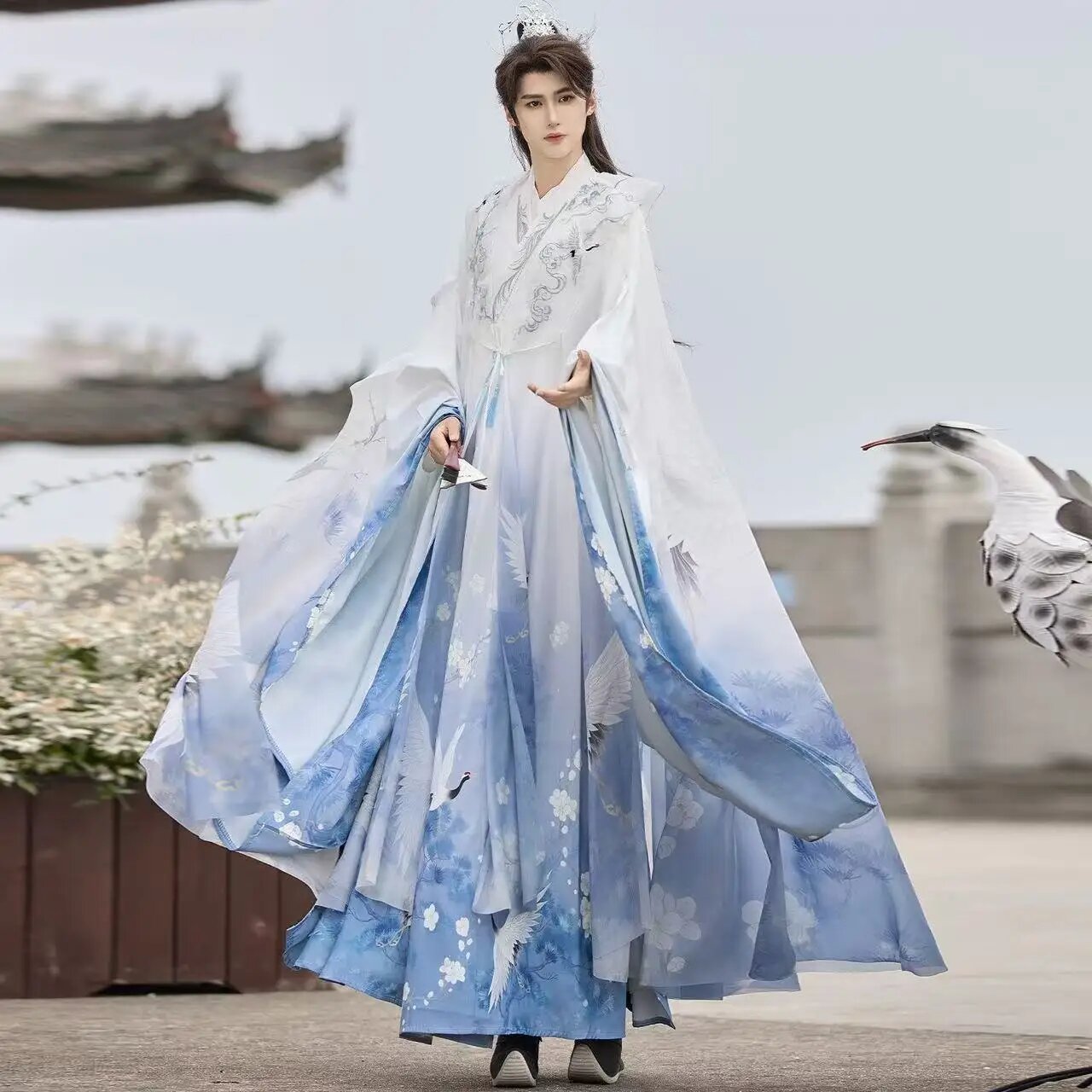 Ханьфу с принтом журавля, полиэстер, мужской/женский XL, full blue set