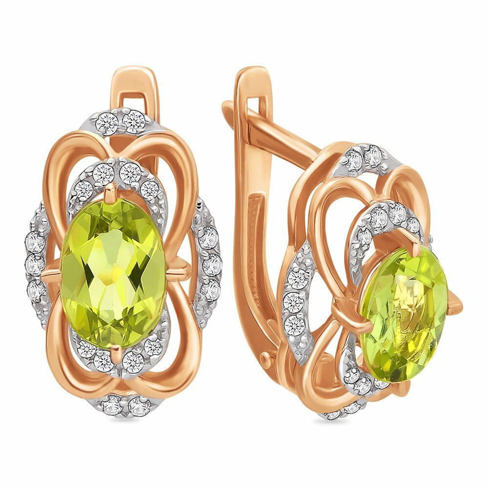 Серьги, красное золото, 585 проба, родирование, хризолит, фианит