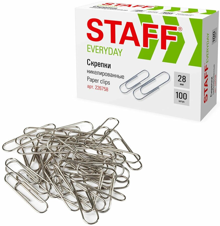 Скрепки Staff 28 мм, комплект 10 пачек по 100 штук, никелированные, STAFF (880659)