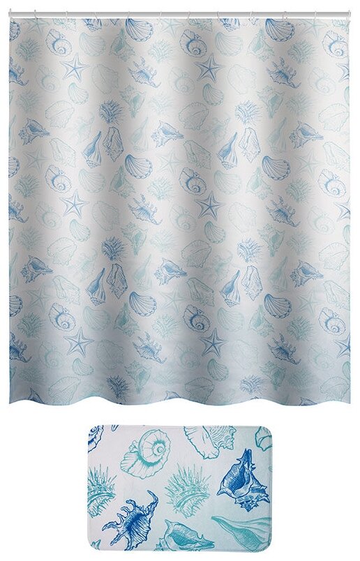Набор для ванной комнаты Ракушки коврик 45х68 см и занавеска 180х160 см