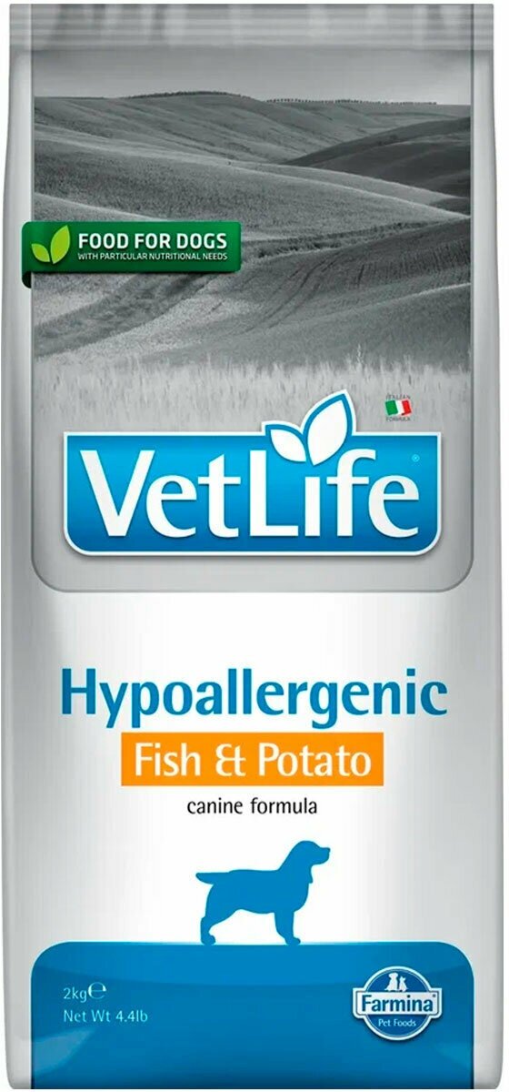 FARMINA VET LIFE CANIN HYPOALLERGENIC для взрослых собак при пищевой аллергии, непереносимости с рыбой и картофелем (2 + 2 кг)