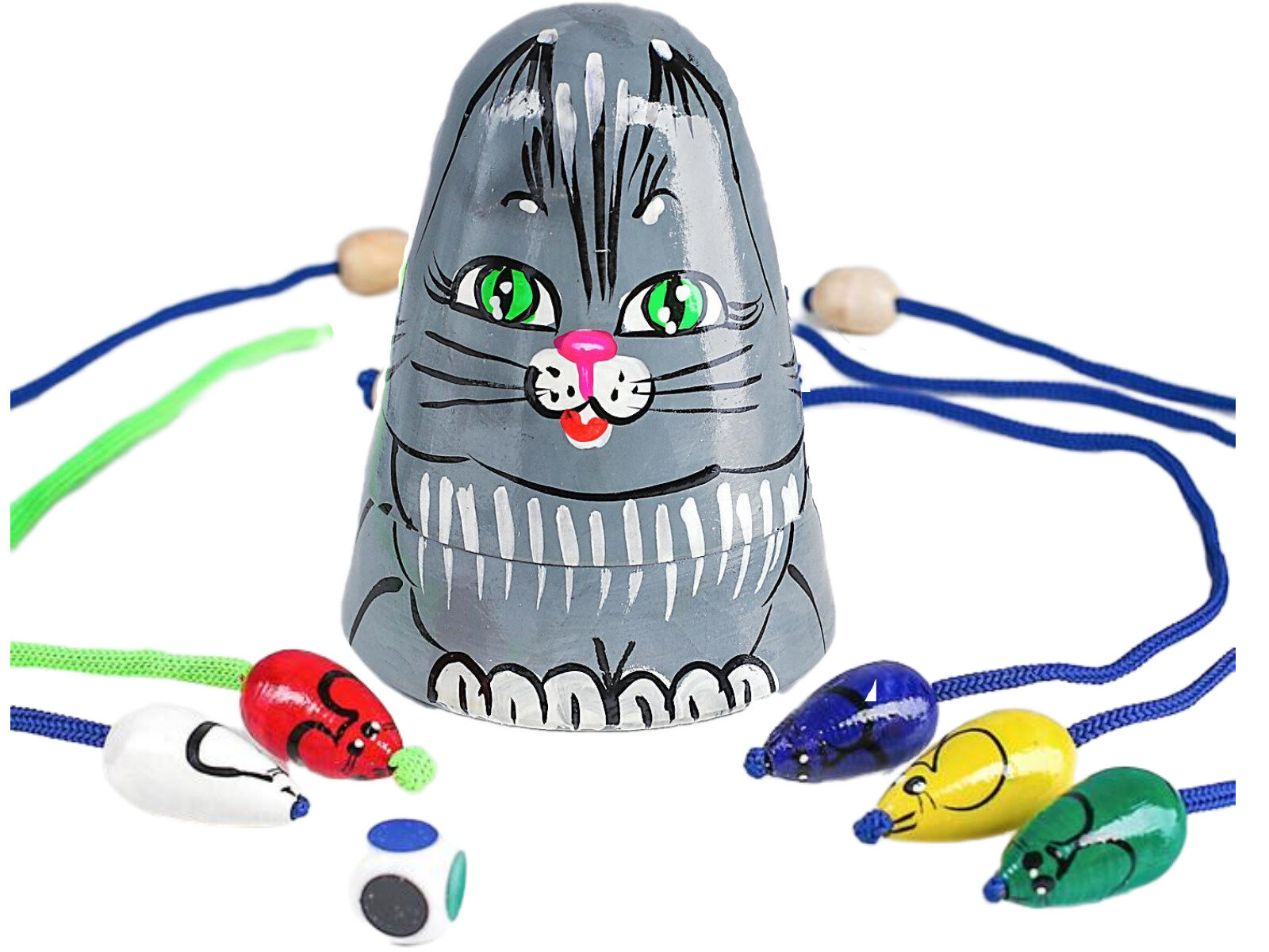 Развивающая деревянная детская игрушка "Кошки-мышки" серый кот, подвижная игра на развитие реакции и ловкости