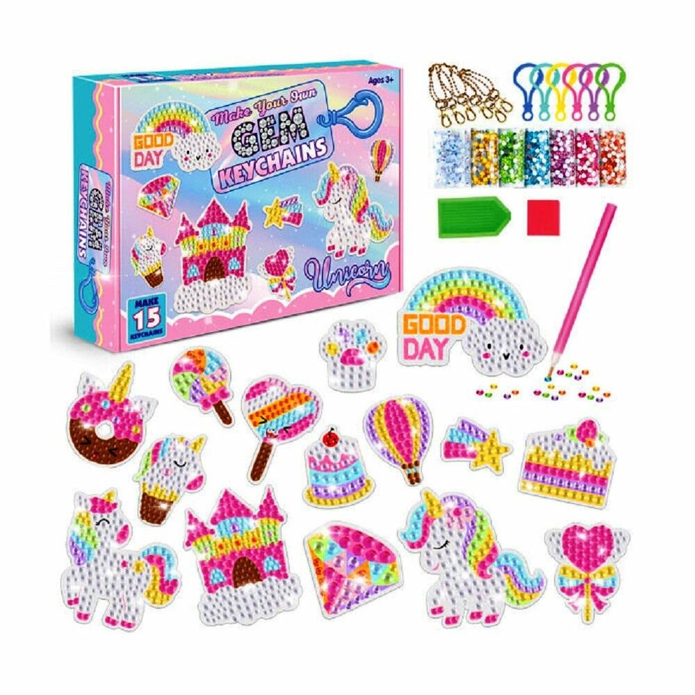 Набор Алмазная мозаика для создания брелков для детей "Единорог", 15 трафаретов, стразы 17 цветов, стилус, лоток, карабины для крепления украшений