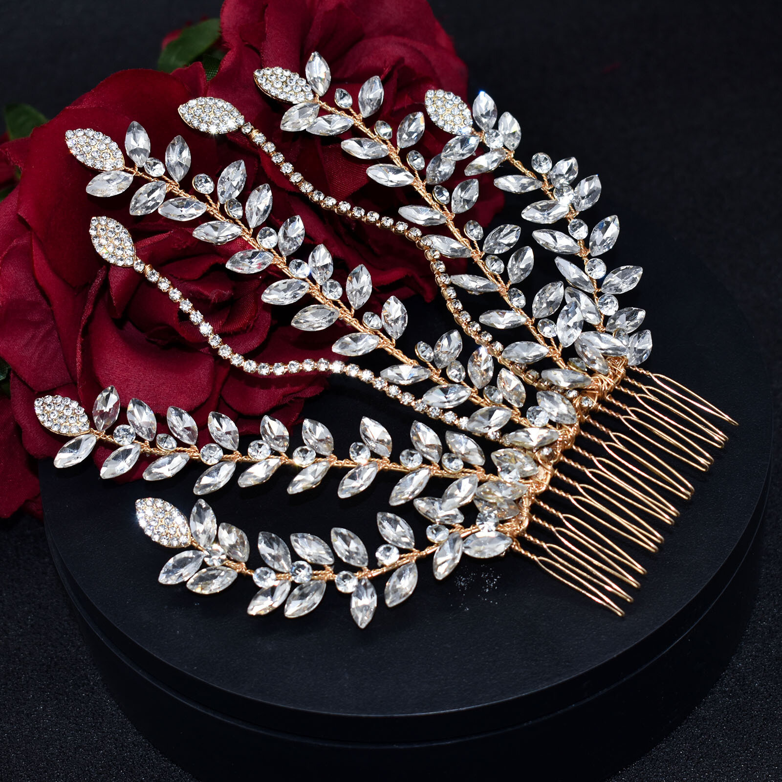 Свадебный гребень DZ016, золотой, гибкий, со стразами