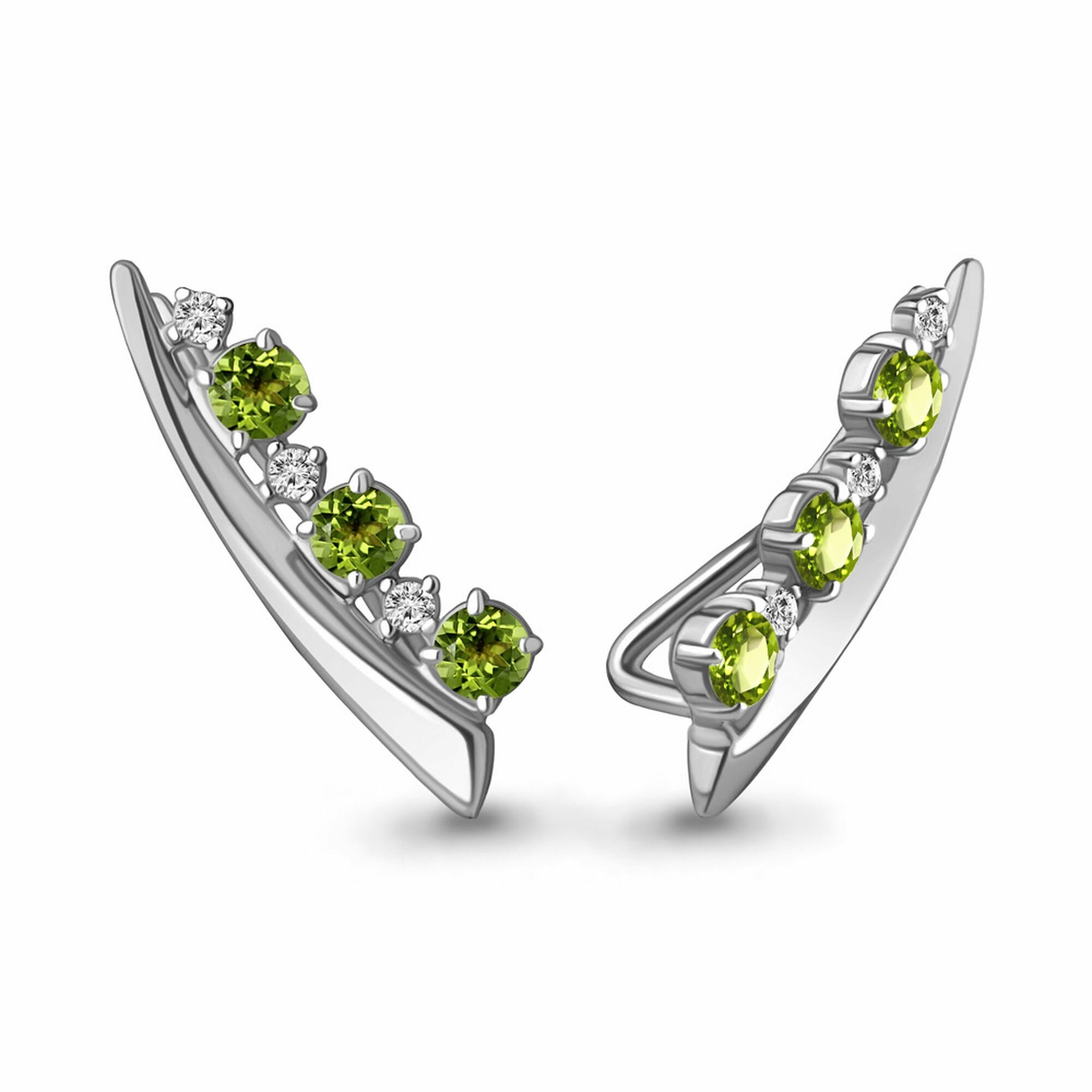 Серьги клаймберы, серебро, 925 проба, родирование, фианит, хризолит