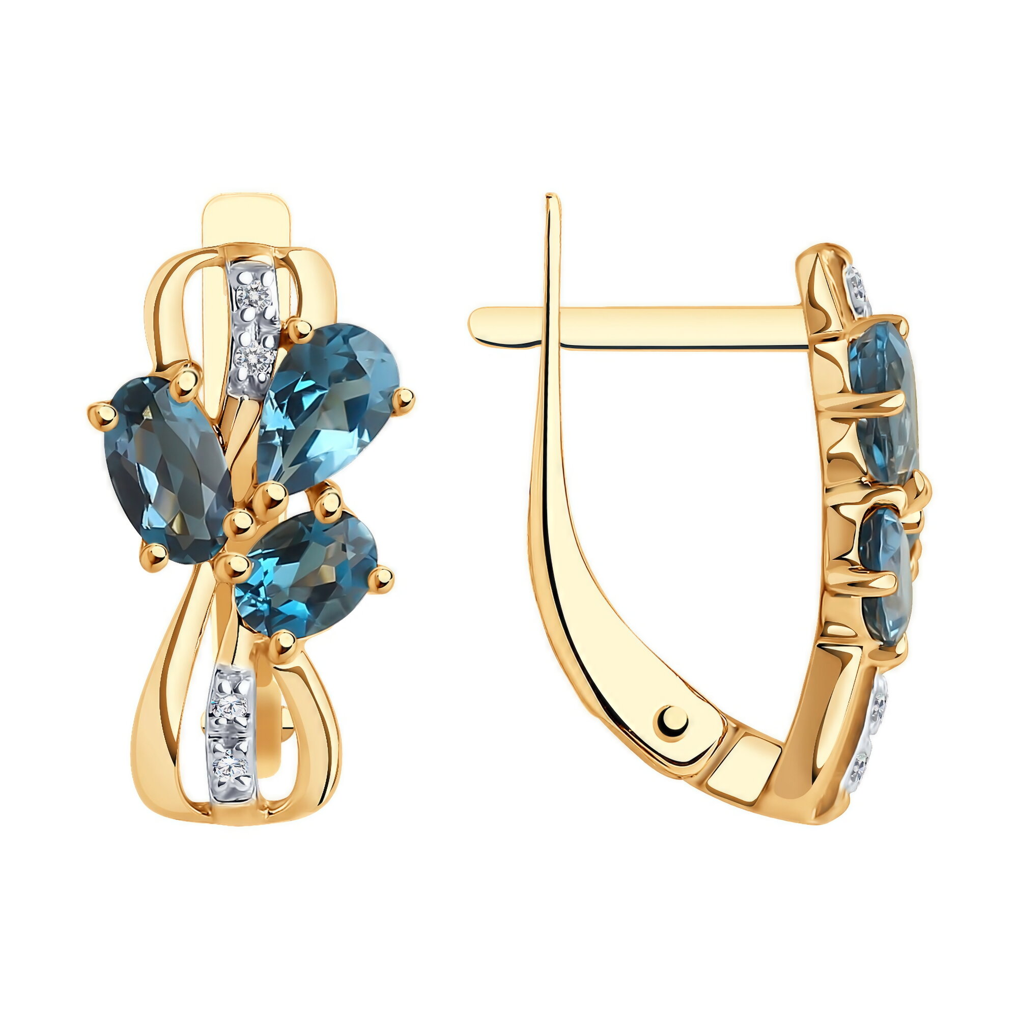 Серьги, красное золото, 585 проба, Лондон топаз, бриллиант