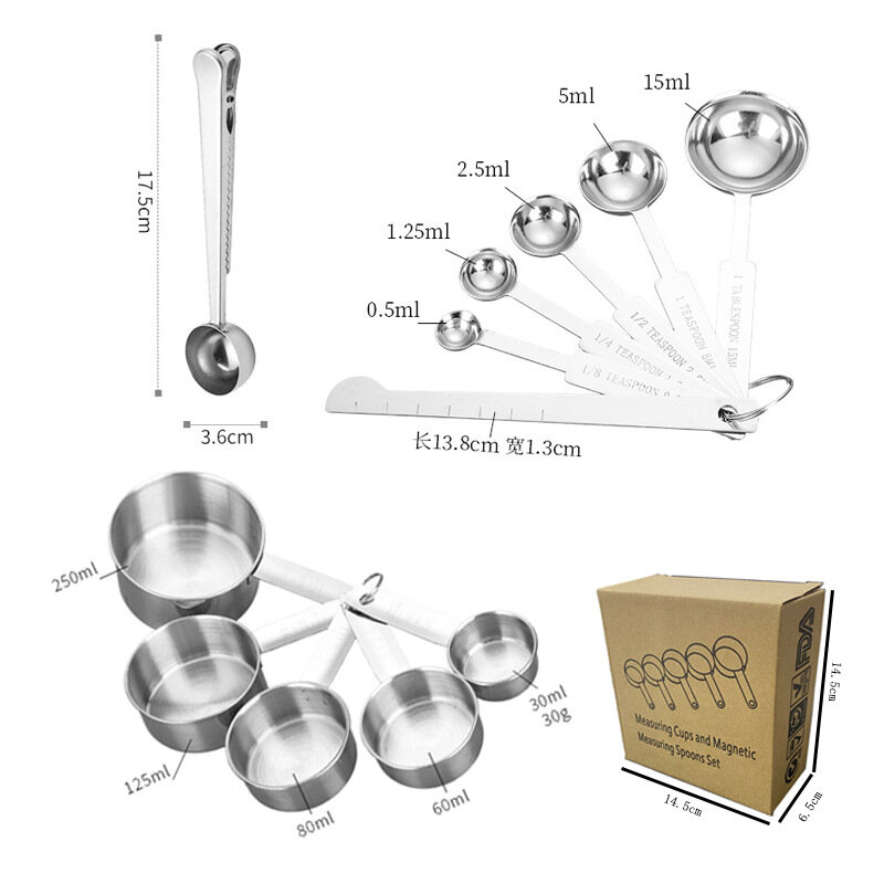 Набор мерных ложек и чашек из нержавеющей стали для трансграничной торговли, кухонные принадлежности для выпечки с мерной шкалой и мерными ложками для специй.
