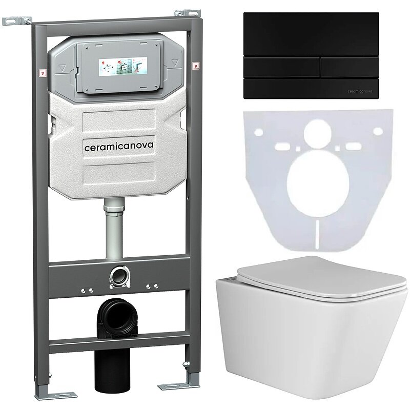 Комплект инсталляции 4 в 1 Ceramicanova Подвесной унитаз Metric Rimless арт. CN3007 + Шумоизоляционная панель для инсталляции арт. CN1000 + Система инсталляции для унитазов CERAMICANOVA Envision с кнопкой смыва Flat цвет хром, креплениями, арт. CN1002CH