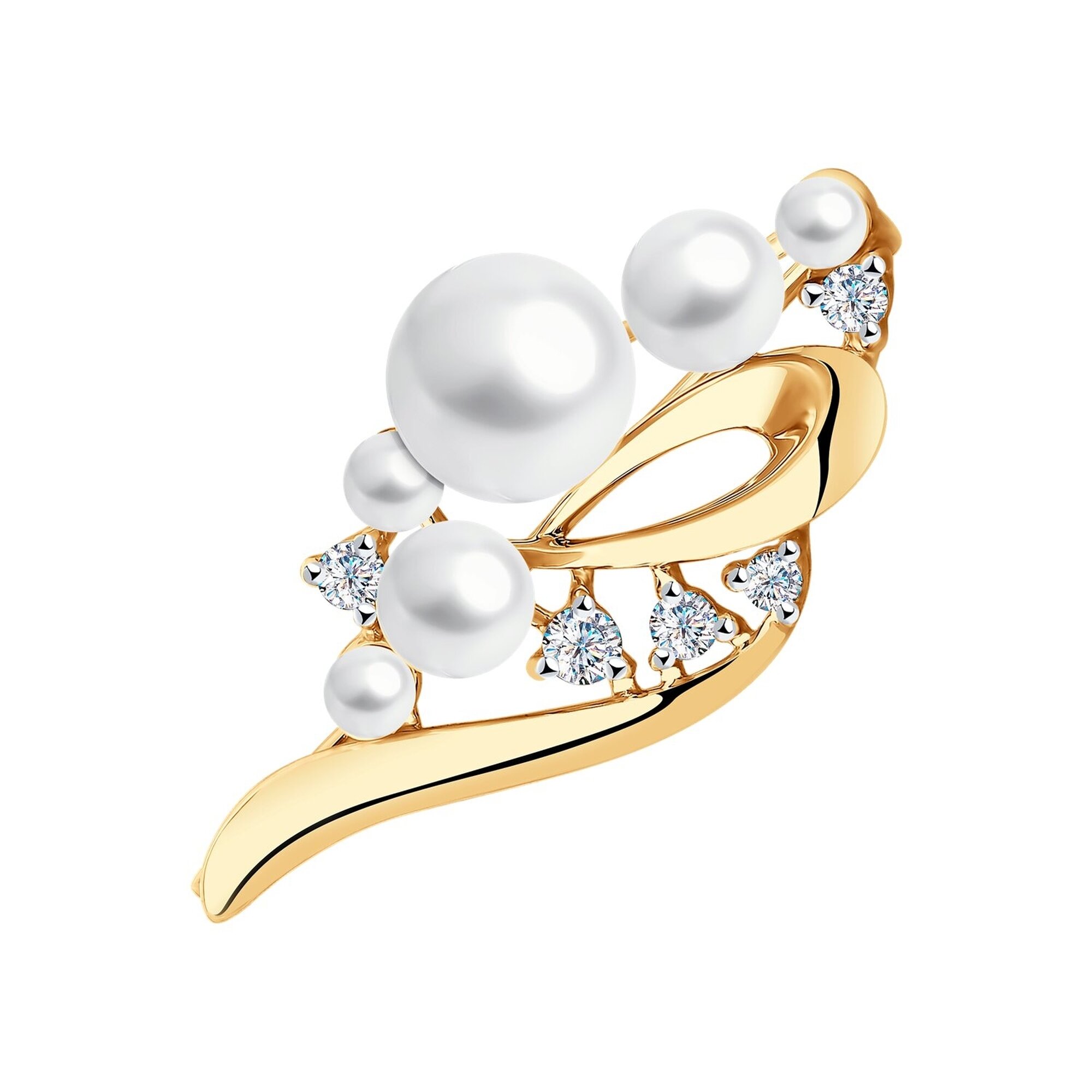 Брошь, красное золото, 585 проба, жемчуг, фианит