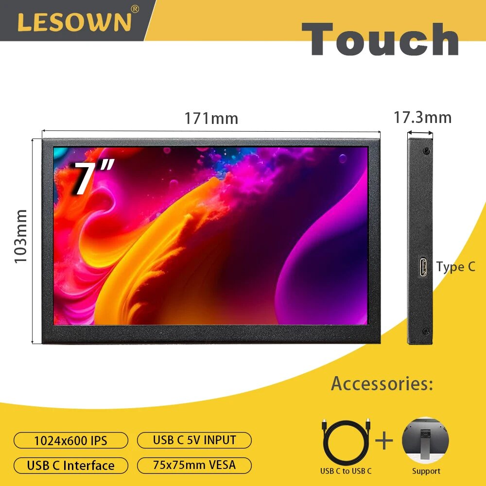 LESOWN 7" IPS Touch Monitor USB C, 1024x600, 75x75mm VESA