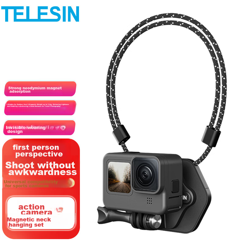 TELESIN Compatible with DJI Action 4/5 Pro, GoPro 13/12, Magnetic Quick-Release Neck Strap, Action Camera, Insta360 First-Person View Chest Mount Bracket