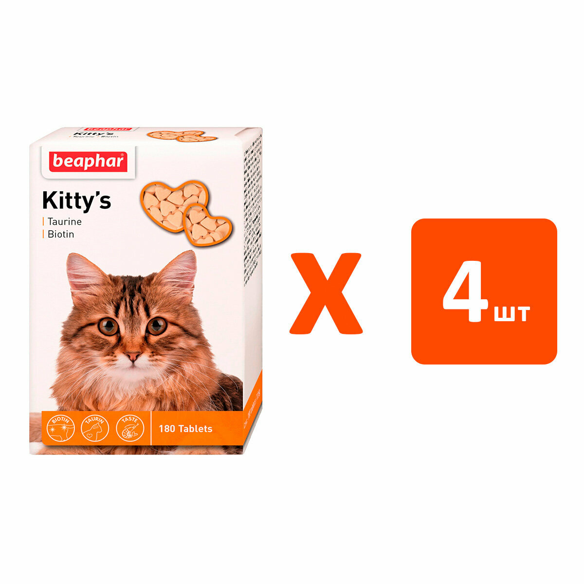 Лакомство BEAPHAR KITTY’S + TAURINE-BIOTIN для кошек витаминизированное с таурином и биотином (180 шт х 4)