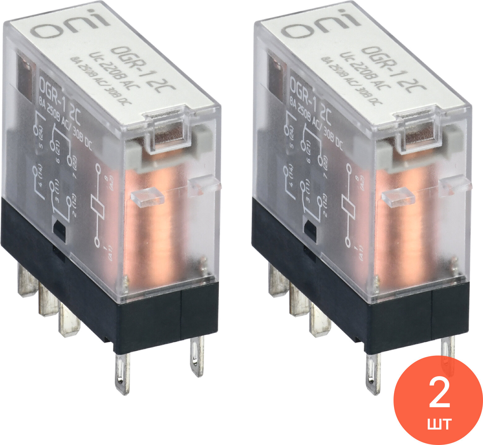 Реле промежуточное ONI / ОНИ OGR-1 2C, 28.8x27x13мм, 8А 220В AC, OGR-1-2C-AC220V / электрика (комплект из 2 шт)