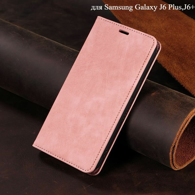 Кожаный чехол-книжка для Samsung Galaxy J6 Plus, J6+ (Самсунг j6 plus, Самсунг галакси джи 6 плюс) , магнитный, с отделениями для карт и кошельком