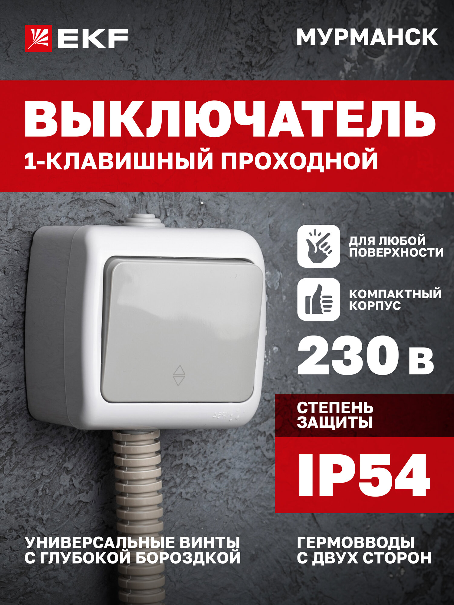 Проходной выключатель одноклавишный накладной EKF 10А, IP54, уличный (под навесом), серый, коллекция Мурманск