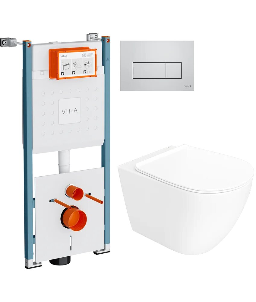 Инсталляция с унитазом комплект 3 в 1 Унитаз подвесной STWORKI Готланд S13401WH безободковый, с микролифтом, глянцевый белый, антивсплеск / Инсталляция VitrA V-Fix Core 732-5800-01PV / Кнопка хром