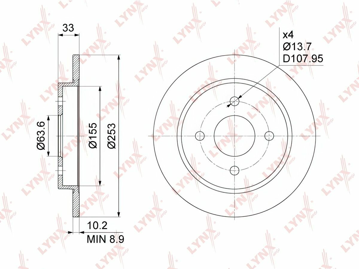 Диск тормозной задний (252.5x10), для Форд Фиеста, 5, 6, Фокус 1, Фьюжн арт BN1020 LYNXAUTO