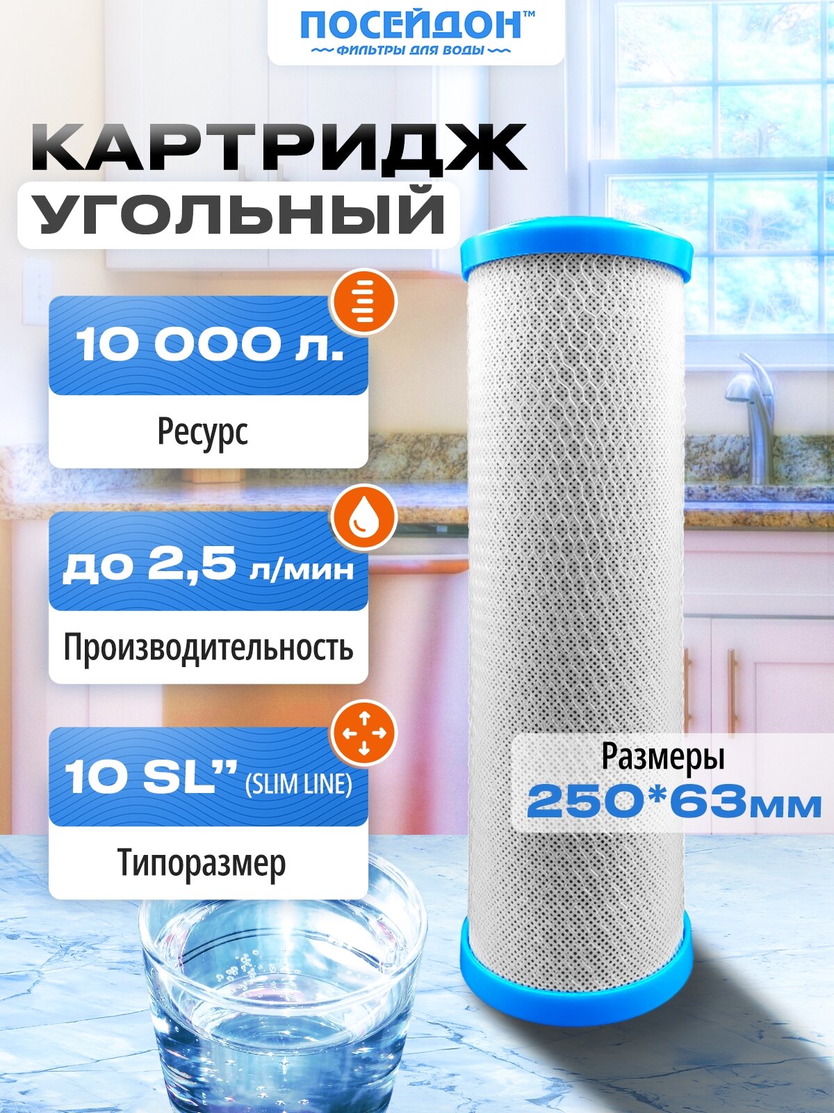 Картридж угольный магистральный под мойку 63x250 мм - 10SL, кокосовый, совместим с корпусами всех производителей