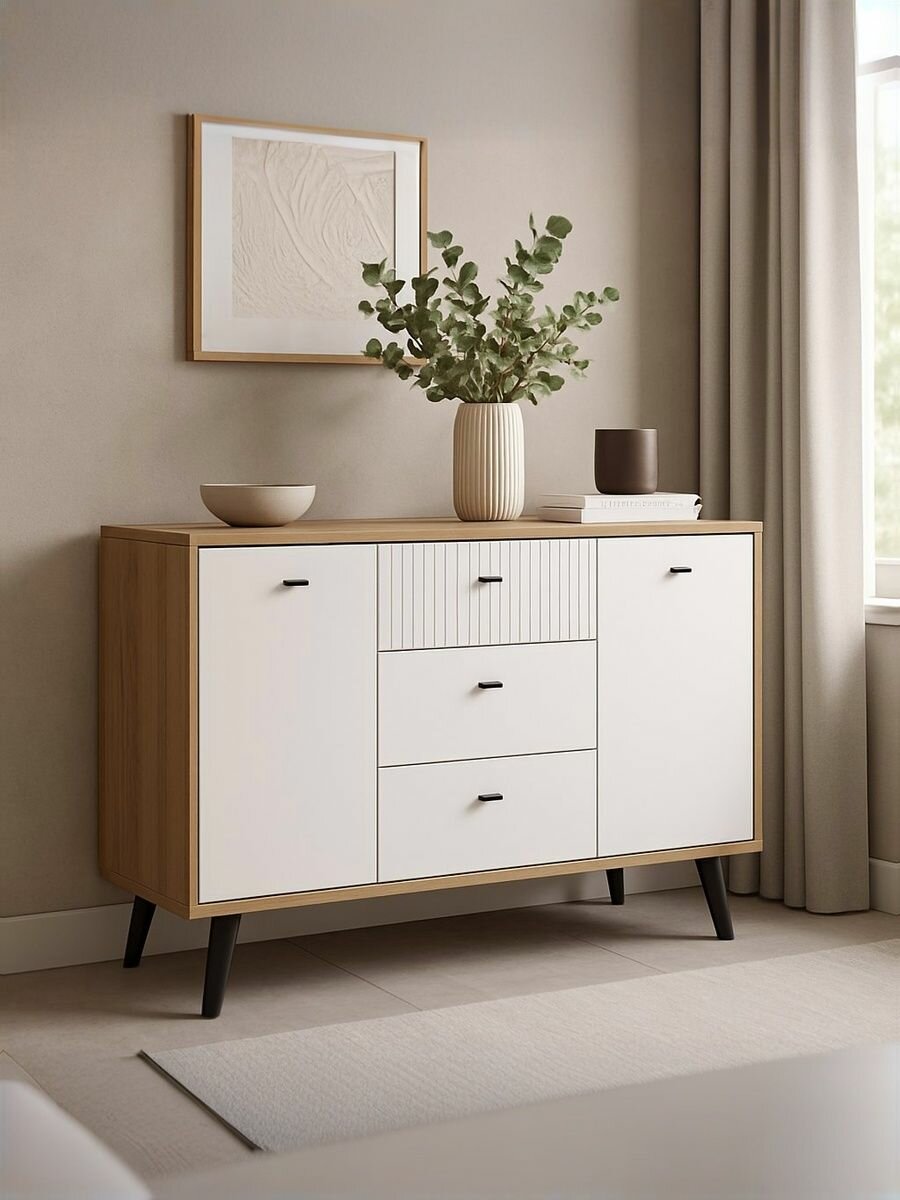 Комод Милан двустворчатый 3 ящика от SV-Мебель, 130х76х40 см, Дуб Золотой/Белый Матовый