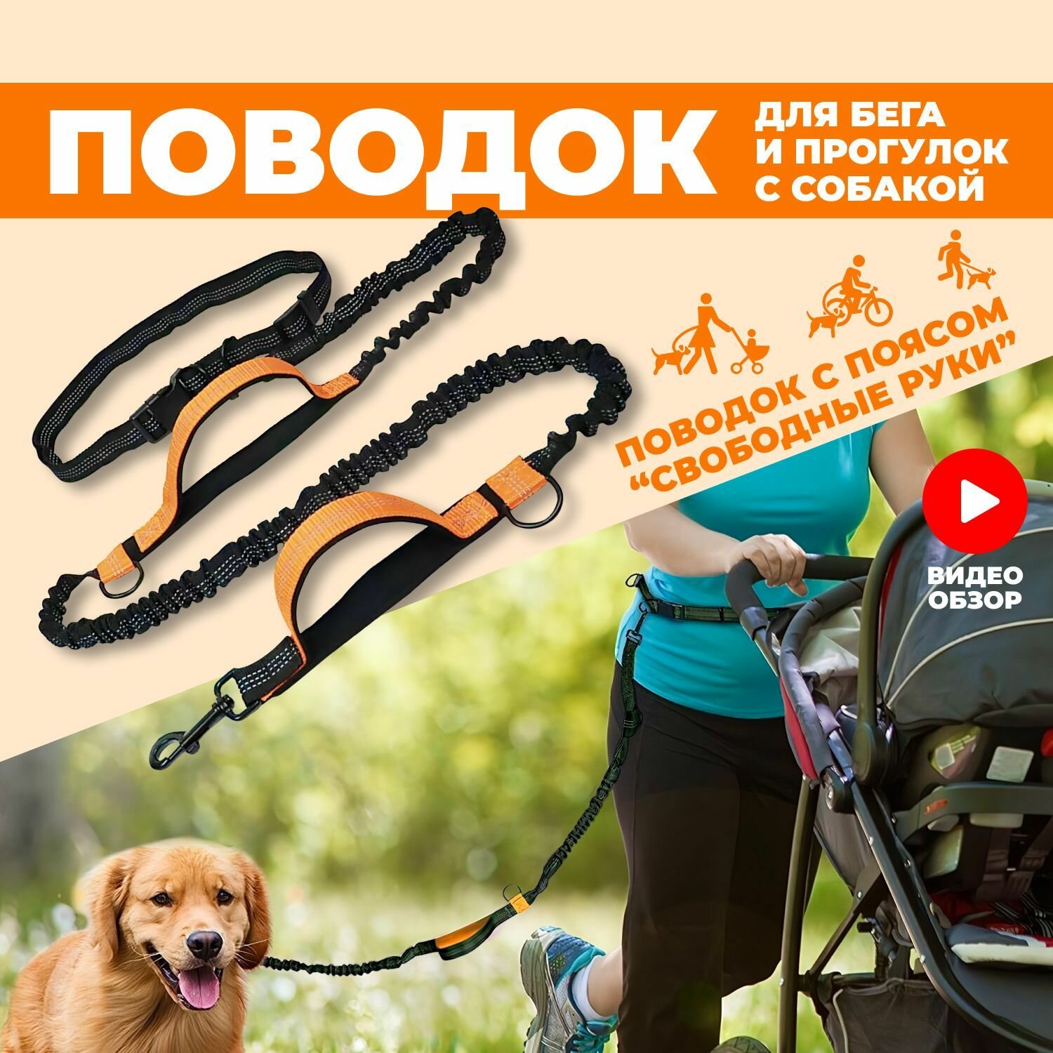 Поводок с поясом для бега с собакой, эластичный с амортизаторами и регулируемым поясом / Цвет черный с оранжевым